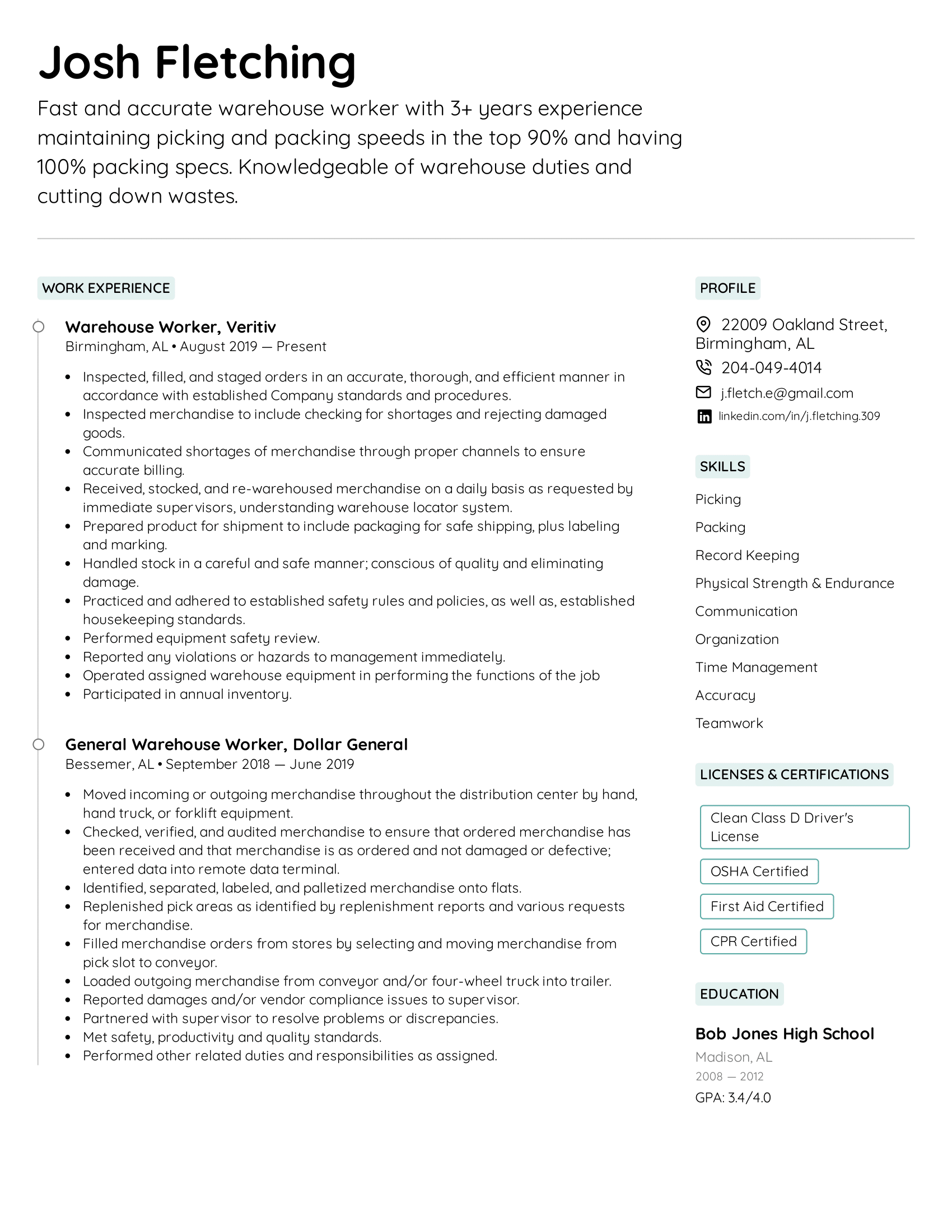 Warehouse Worker Resume Example Writing Tips For 2022