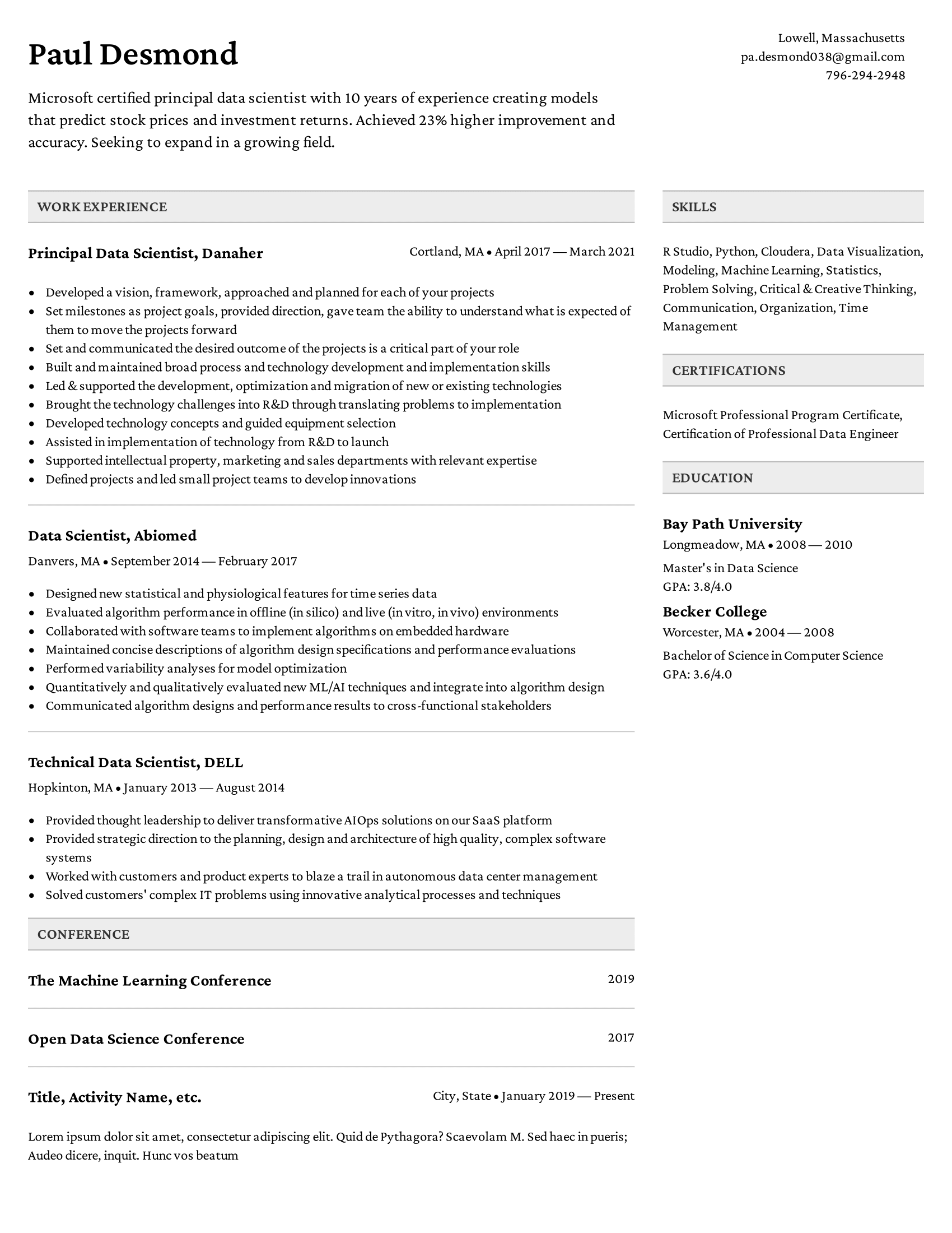 Sample Resume For Experienced Data Scientist Susamiakanea