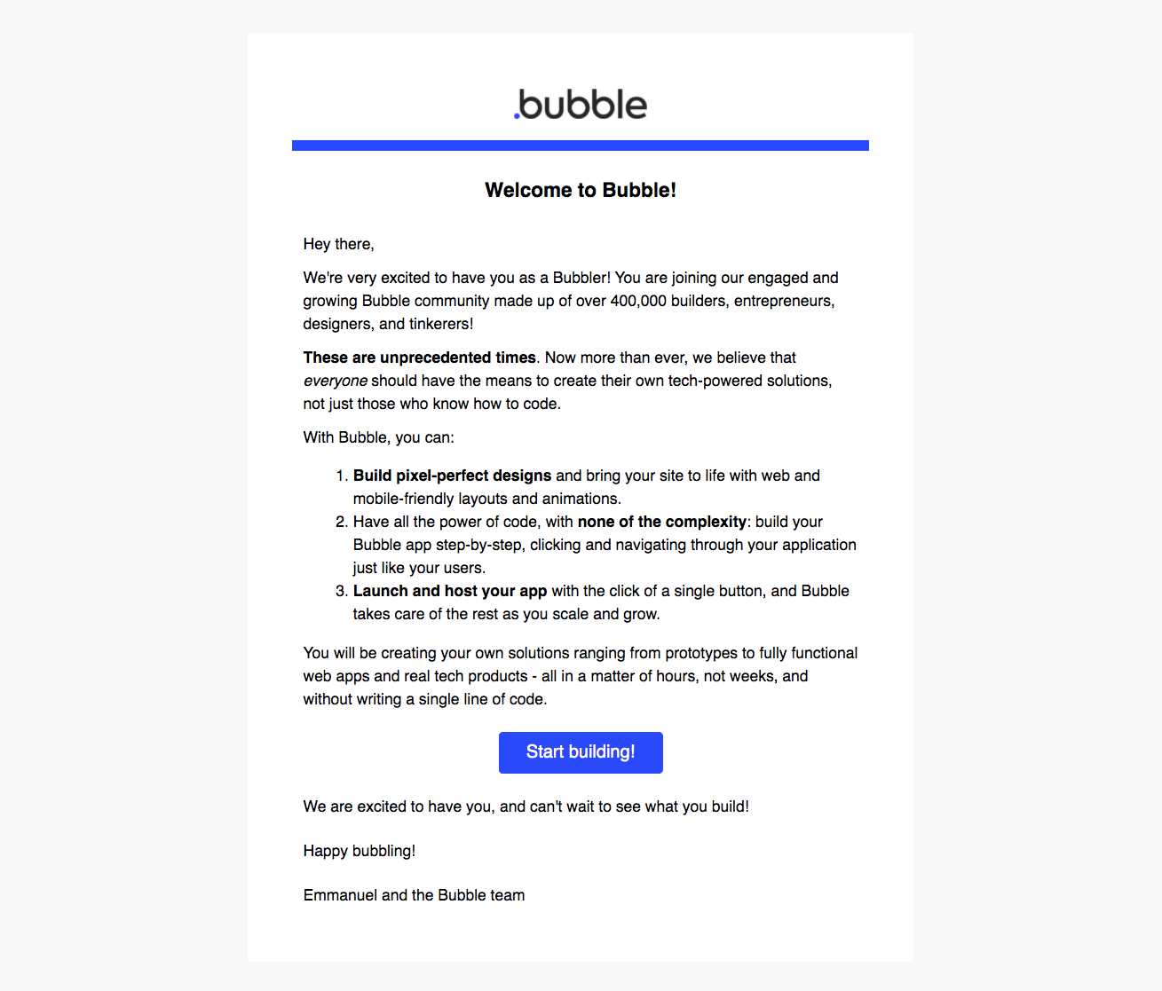 Bubble Welcome Email - SaaSFrame