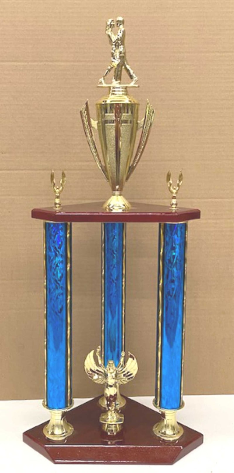 3-Post Trophy with Figure and Cup on a High Gloss Base | Mineola Trophy