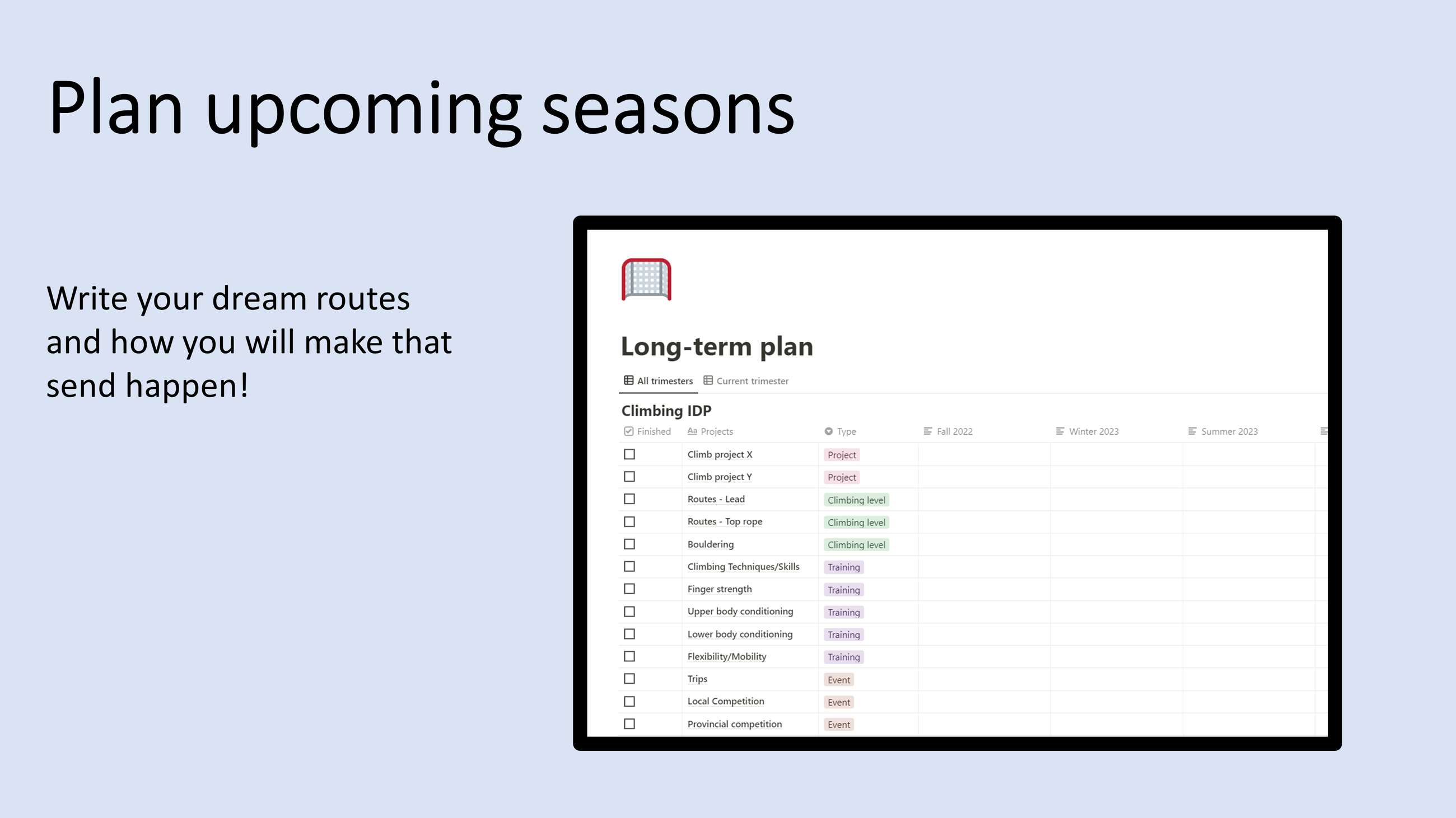Climbing training tracker | Notion Everything