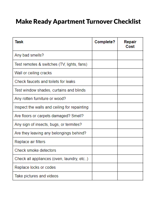 Make Ready Apartment Turnover Checklist Checklist