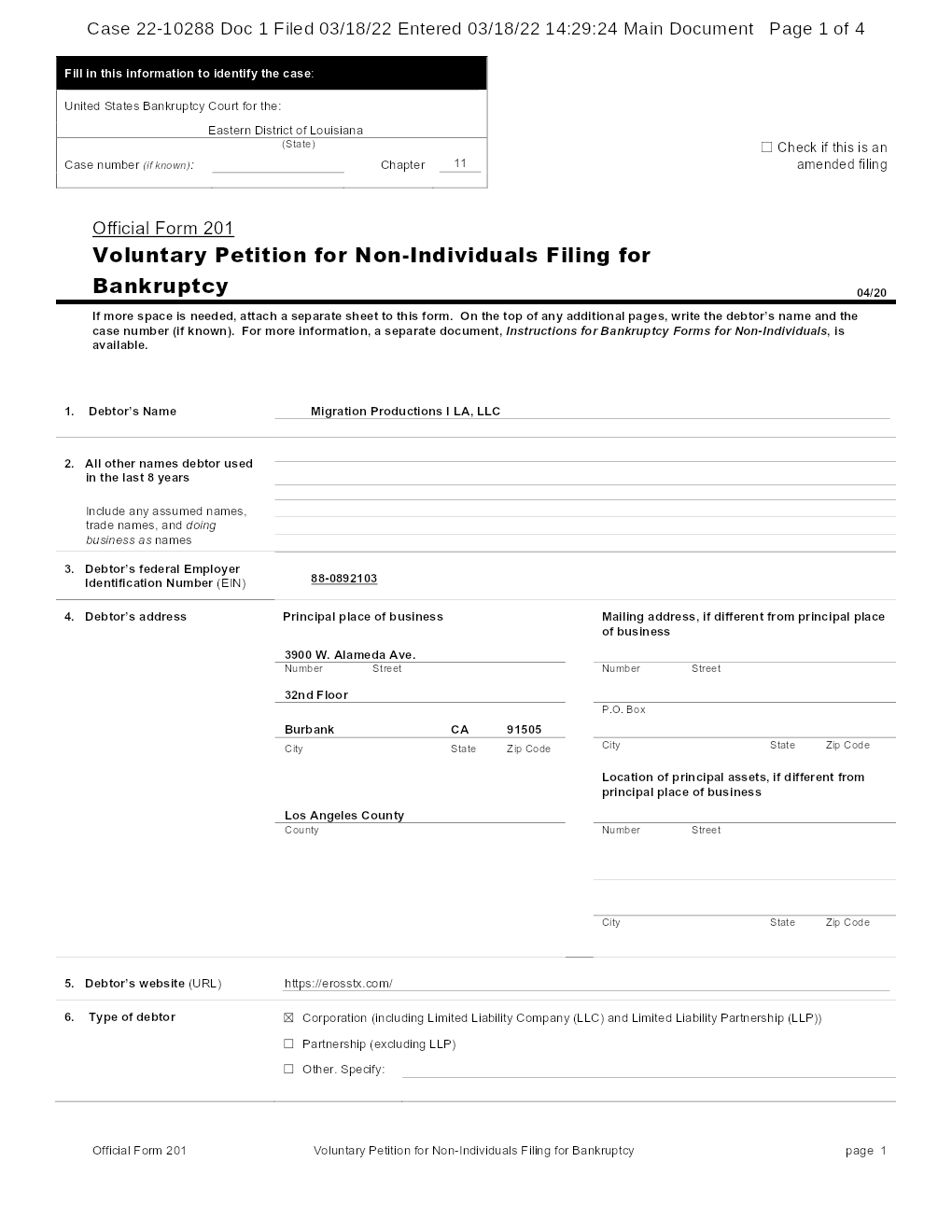 Migration Productions I LA, LLC | Free Bankruptcy Petition- Chapter 11 ...