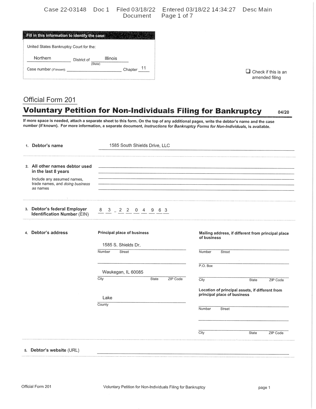 1585 South Shields Drive, LLC | Free Bankruptcy Petition- Chapter 11 ...