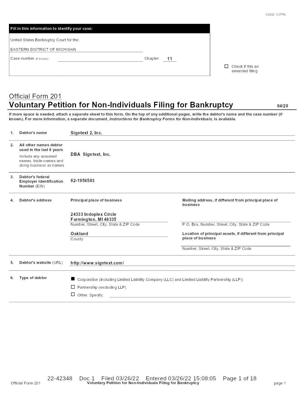 Signtext 2, Inc. | Free Bankruptcy Petition- Chapter 11 Filing Eastern District of Michigan