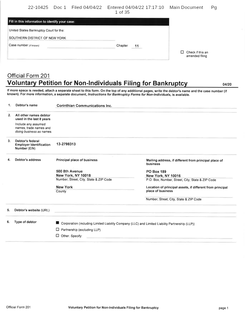 Corinthian Communications, Inc. | Free Bankruptcy Petition- Chapter 11 Filing Southern District ...