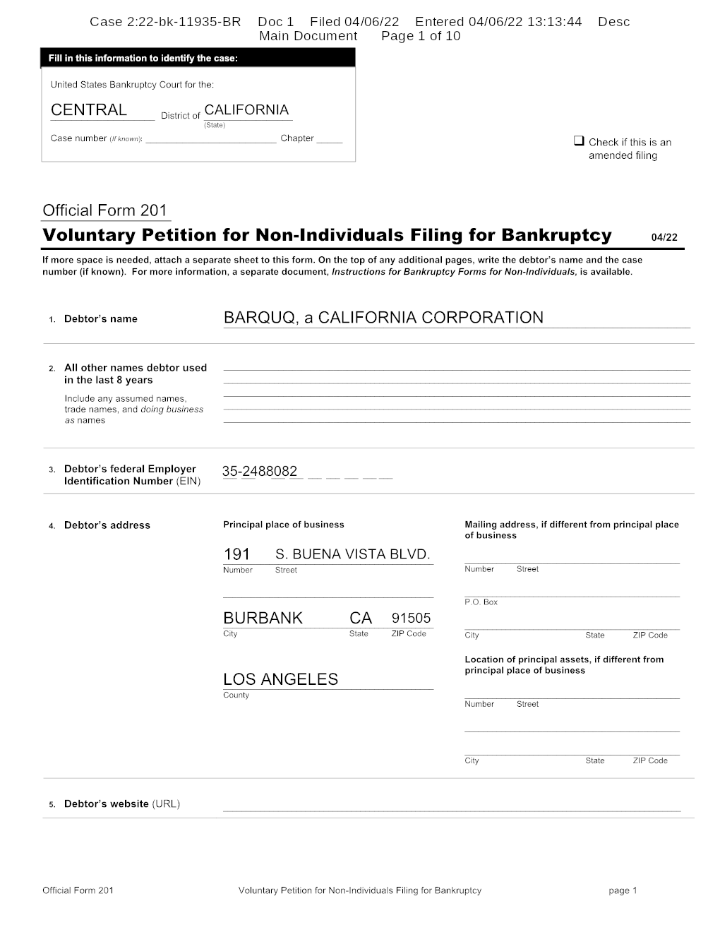 BARQUQ, a California Corporation | Free Bankruptcy Petition- Chapter 11 ...