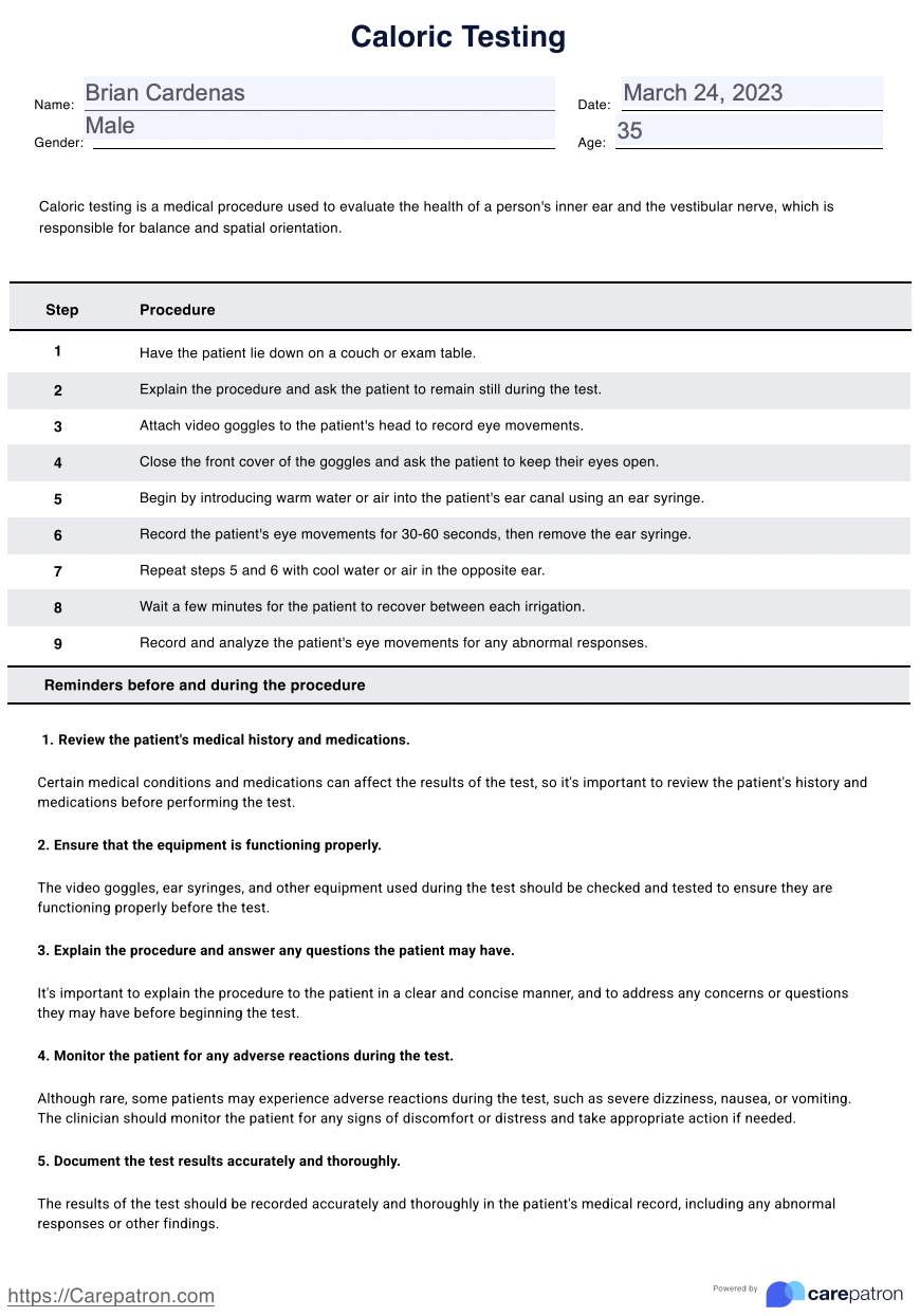 Caloric Test & Example | Free PDF Download