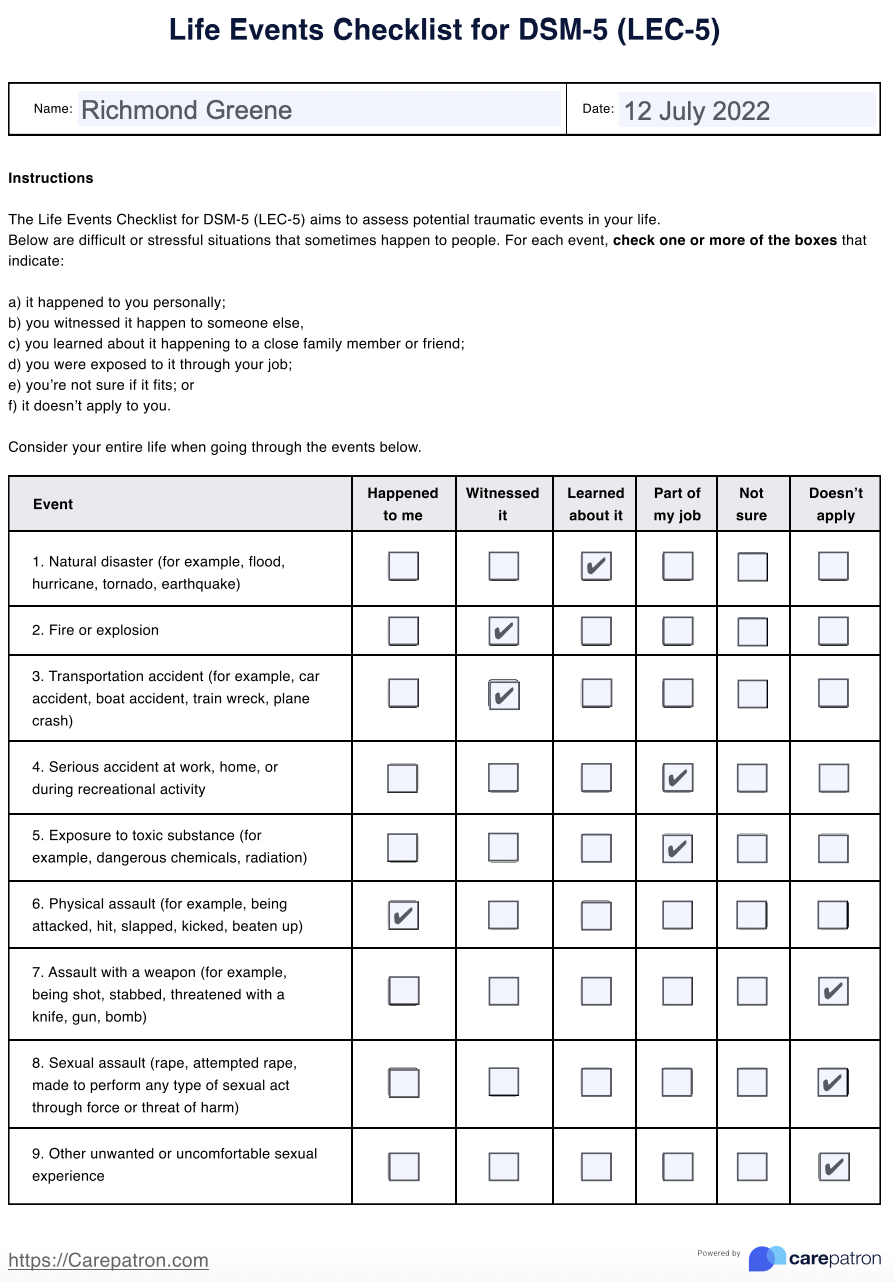 Life Events Checklist for DSM-5 (LEC-5) & Example | Free PDF Download