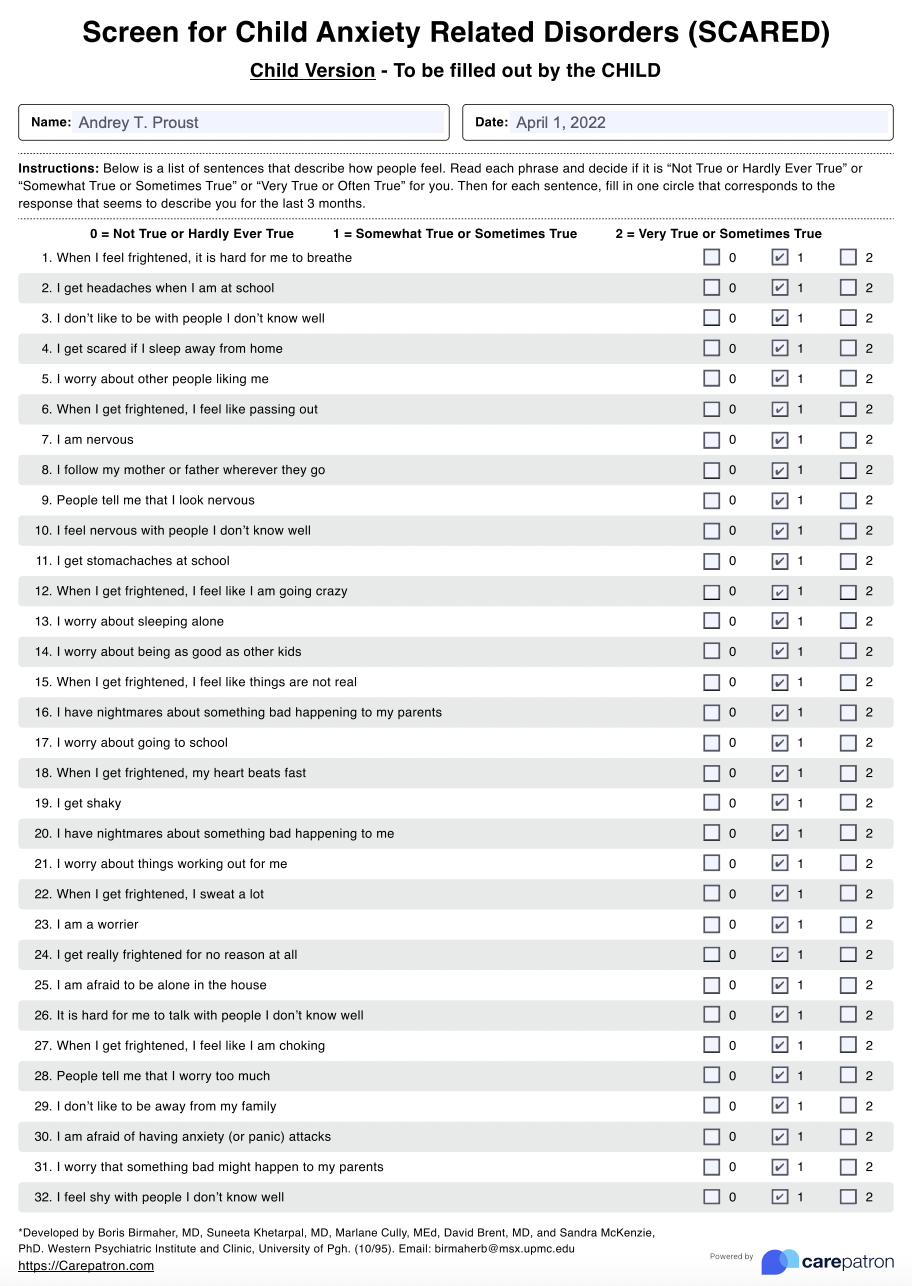Screen for Child Anxiety Related Disorders (SCARED) & Example | Free ...