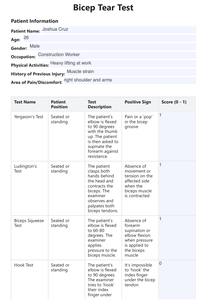 Bicep Tear Test & Example | Free PDF Download
