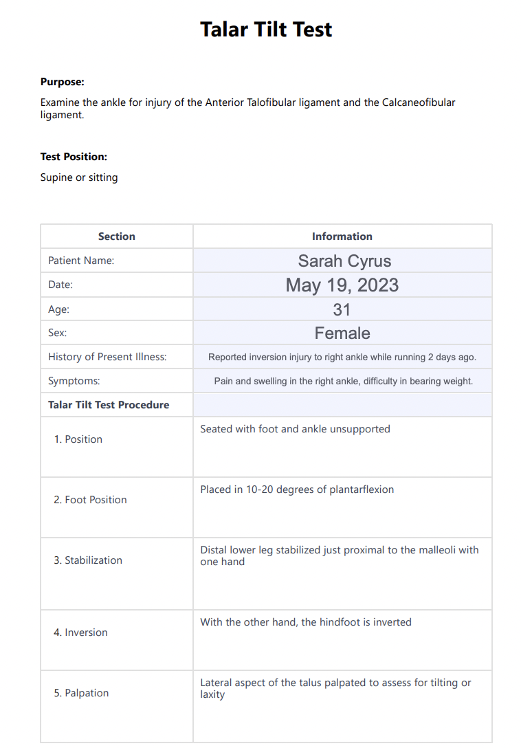 Talar Tilt Test & Example | Free PDF Download