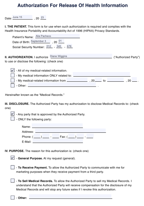 Authorization For Release Of Health Information & Example | Free PDF ...
