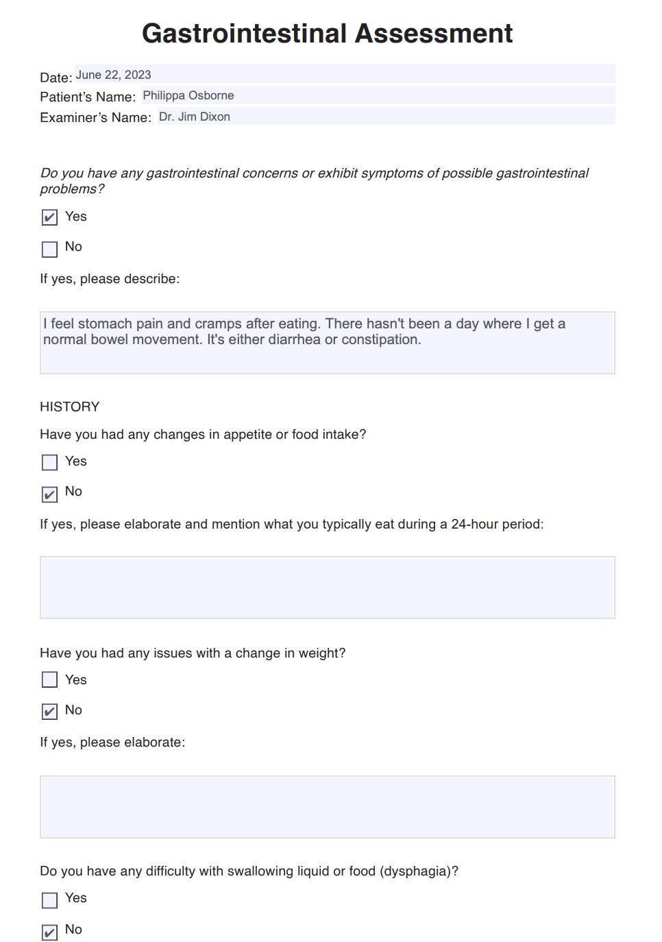 Gastrointestinal Assessment & Example | Free PDF Download