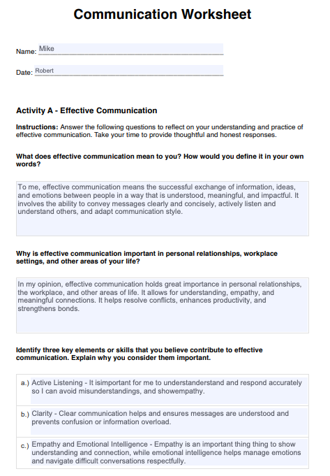 Communication Worksheet & Example | Free PDF Download