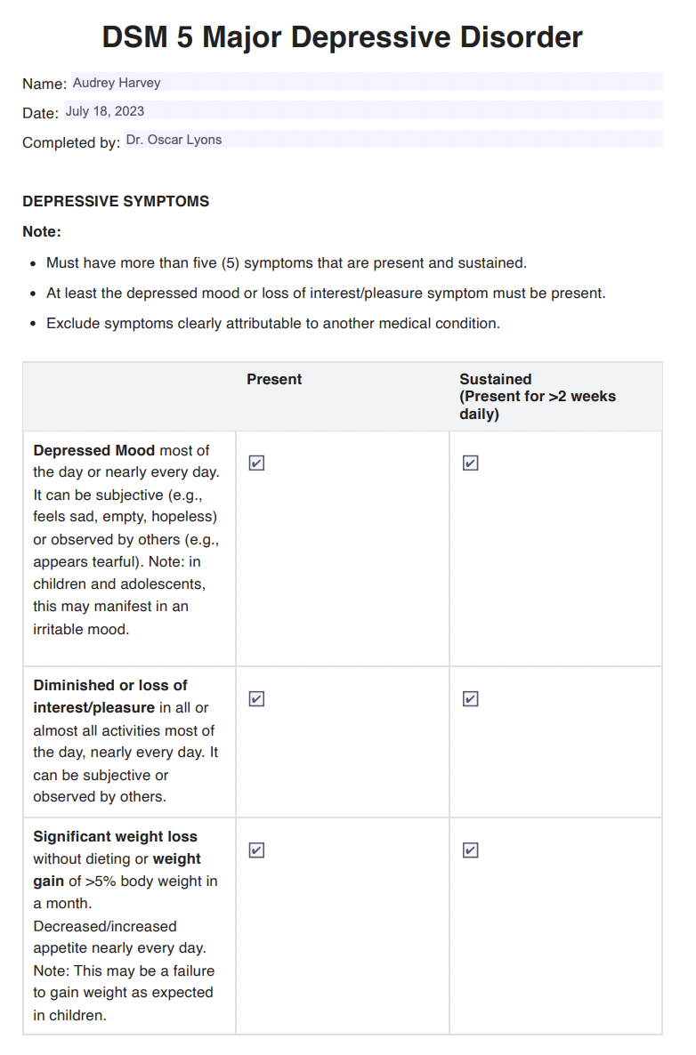 DSM 5 Major Depressive Disorder Criteria Checklist | Free PDF Download