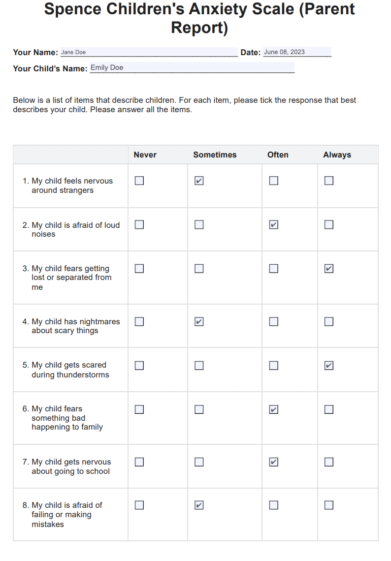 Spence Children's Anxiety Scale - Parent Report & Example | Free PDF ...