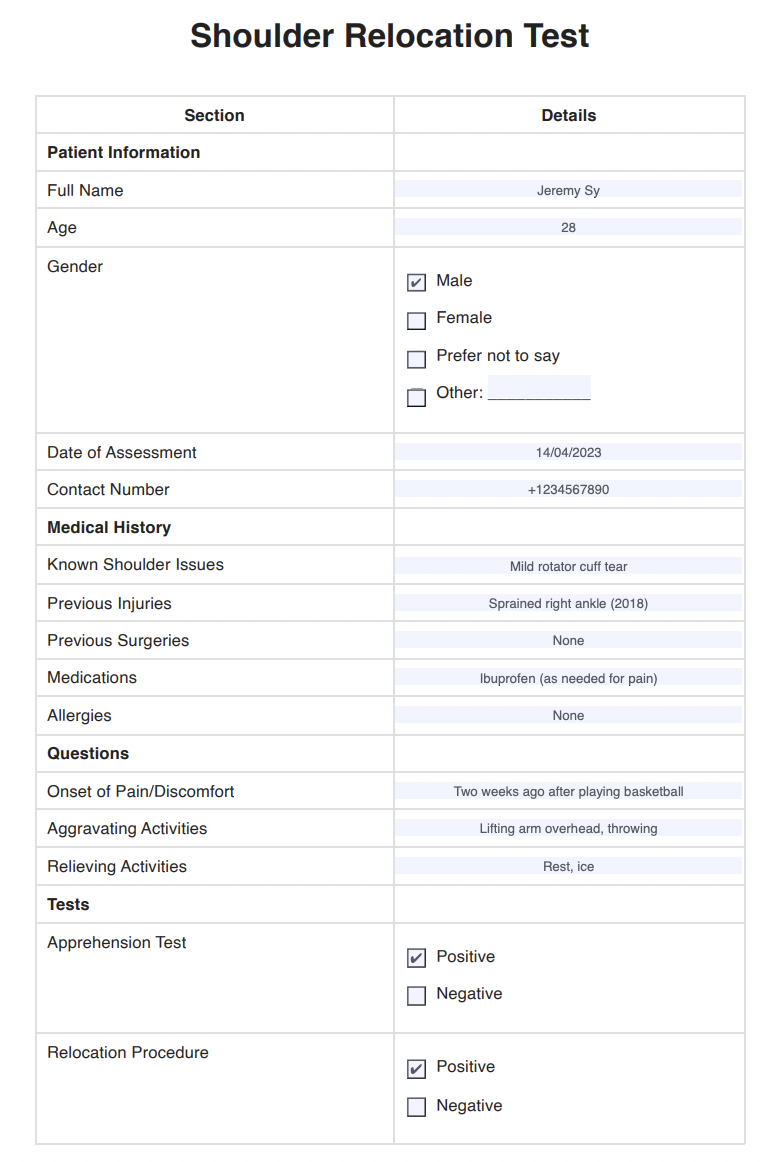 Shoulder Relocation Test & Example | Free PDF Download