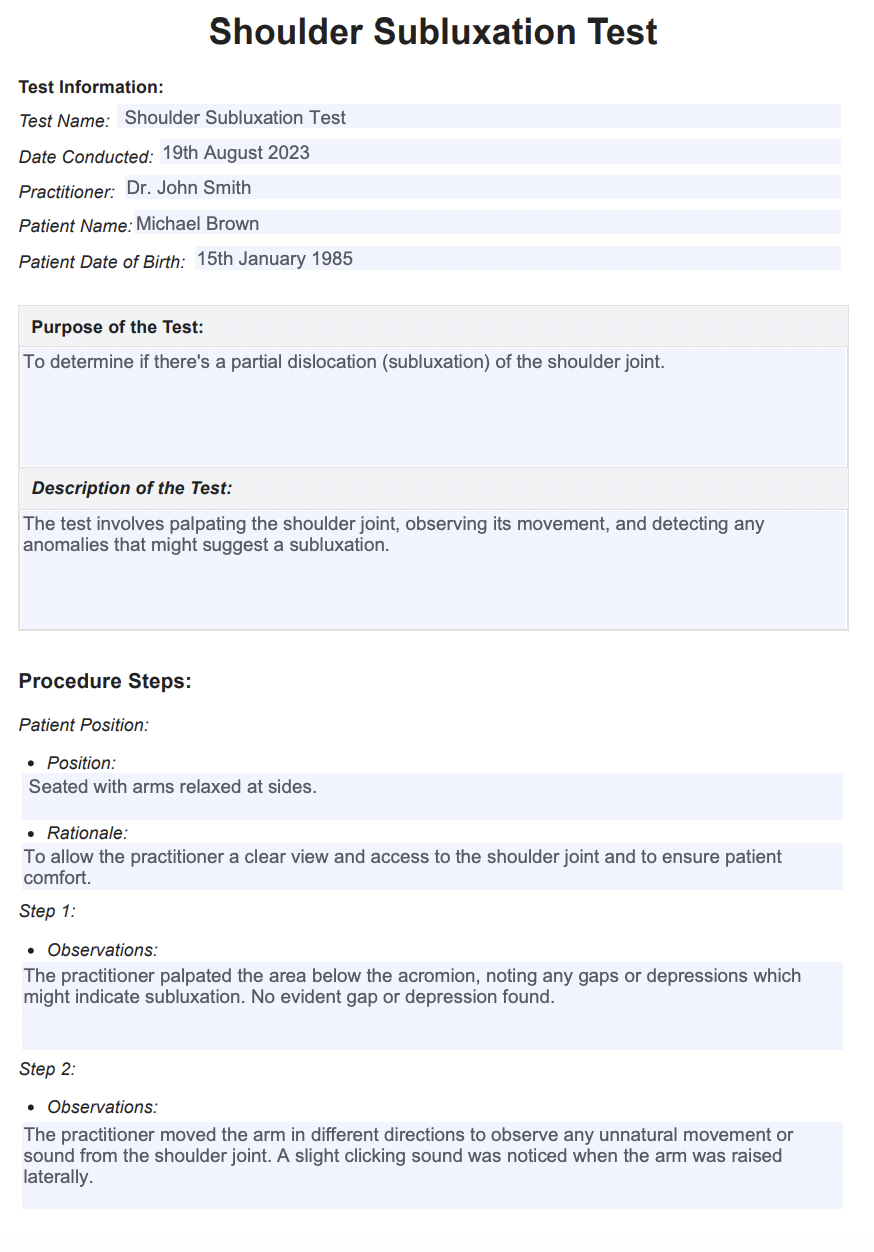 Shoulder Subluxation Test & Example | Free PDF Download