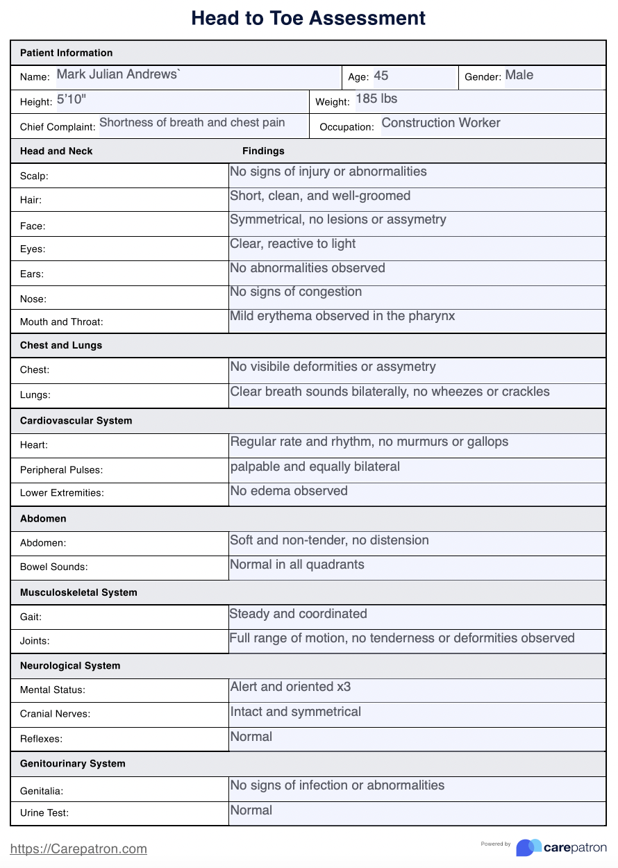 Nursing Head To Toe Assessment Form