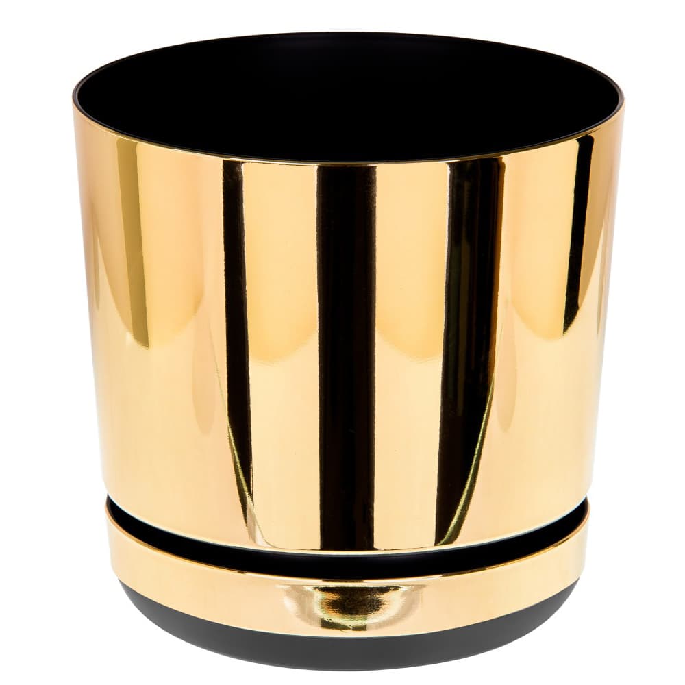 Mirror gold effect plant pot with drainage holes and saucer.