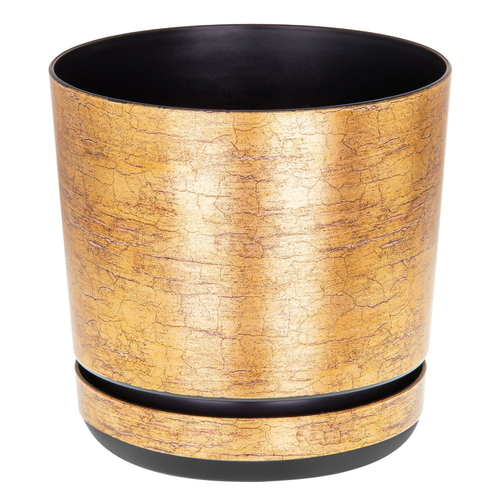 Antique gold plant pot with drainage holes and saucer.