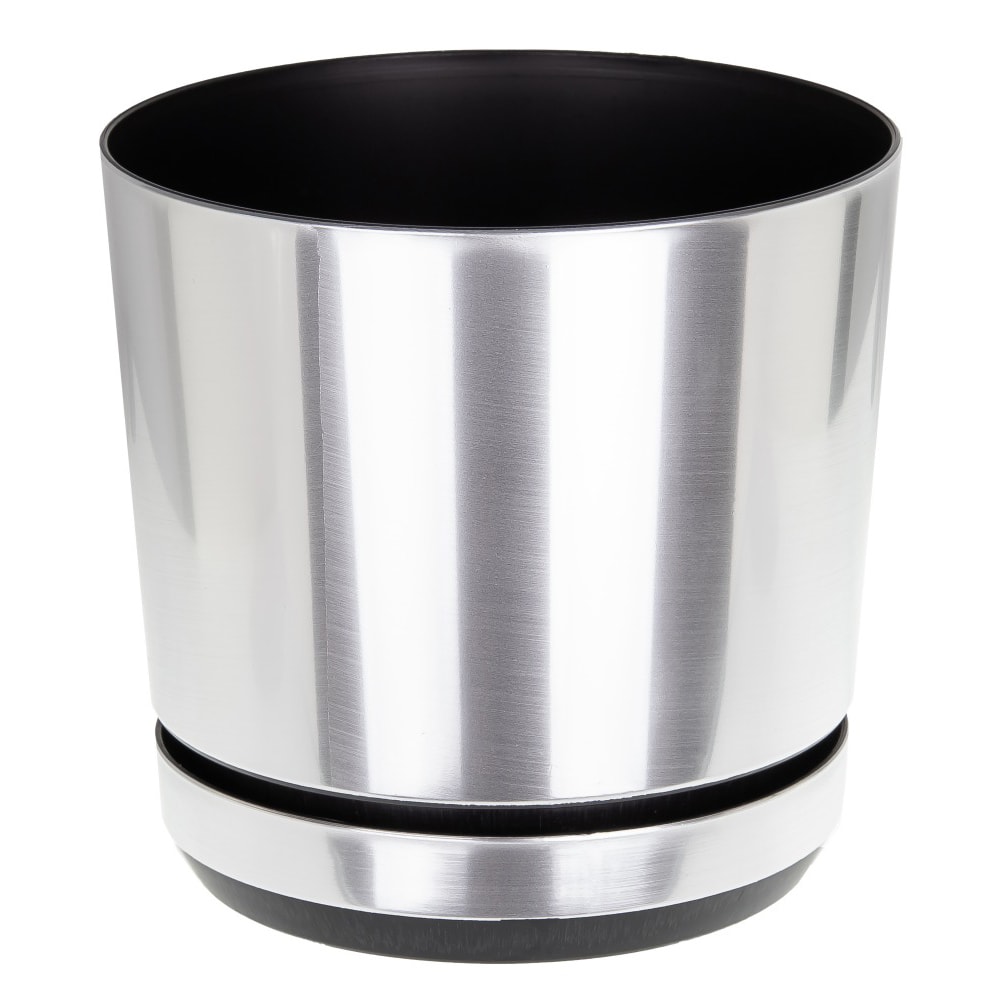 Aluminum plant pot with drainage holes and saucer.