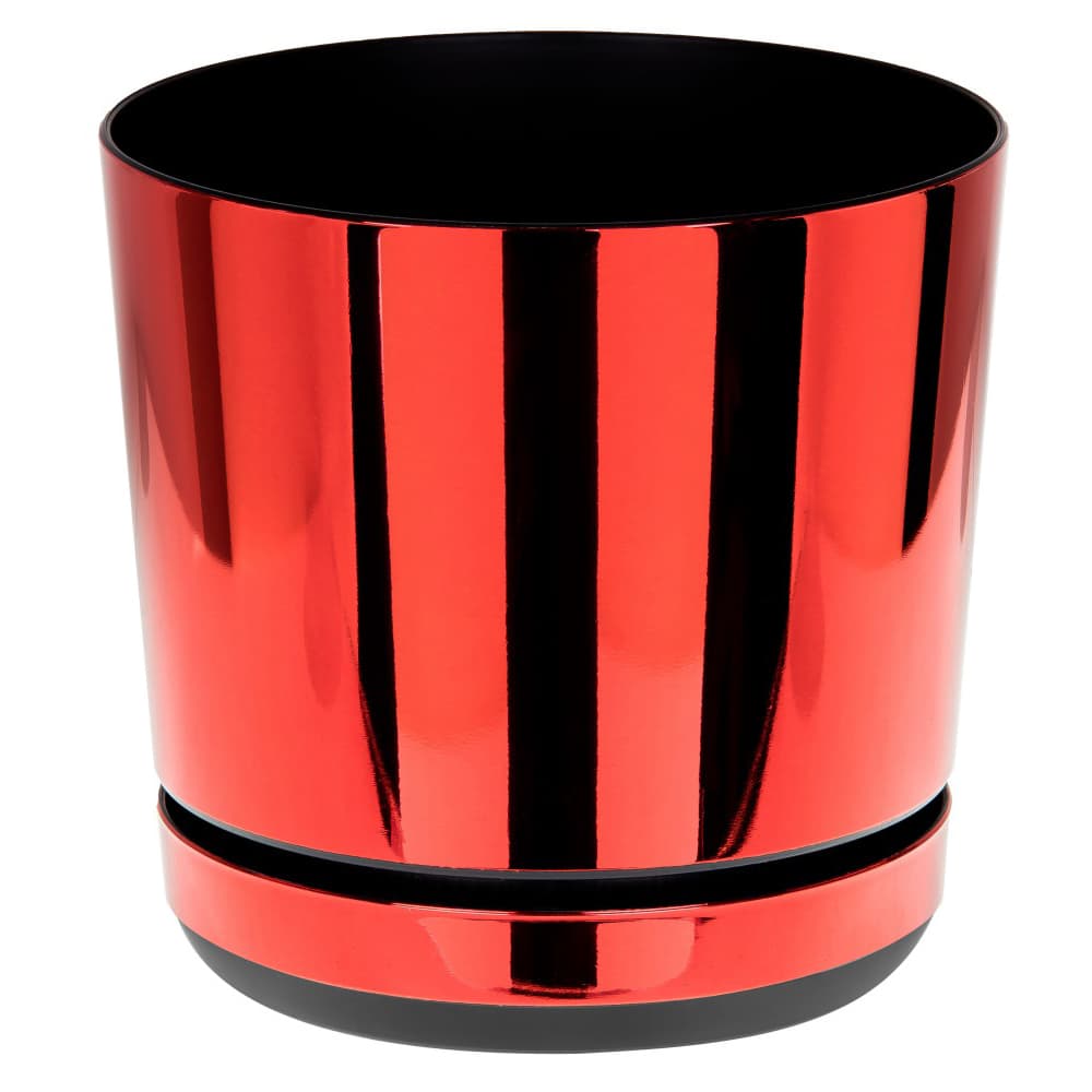 Red mirror plant pot with drainage holes and saucer.