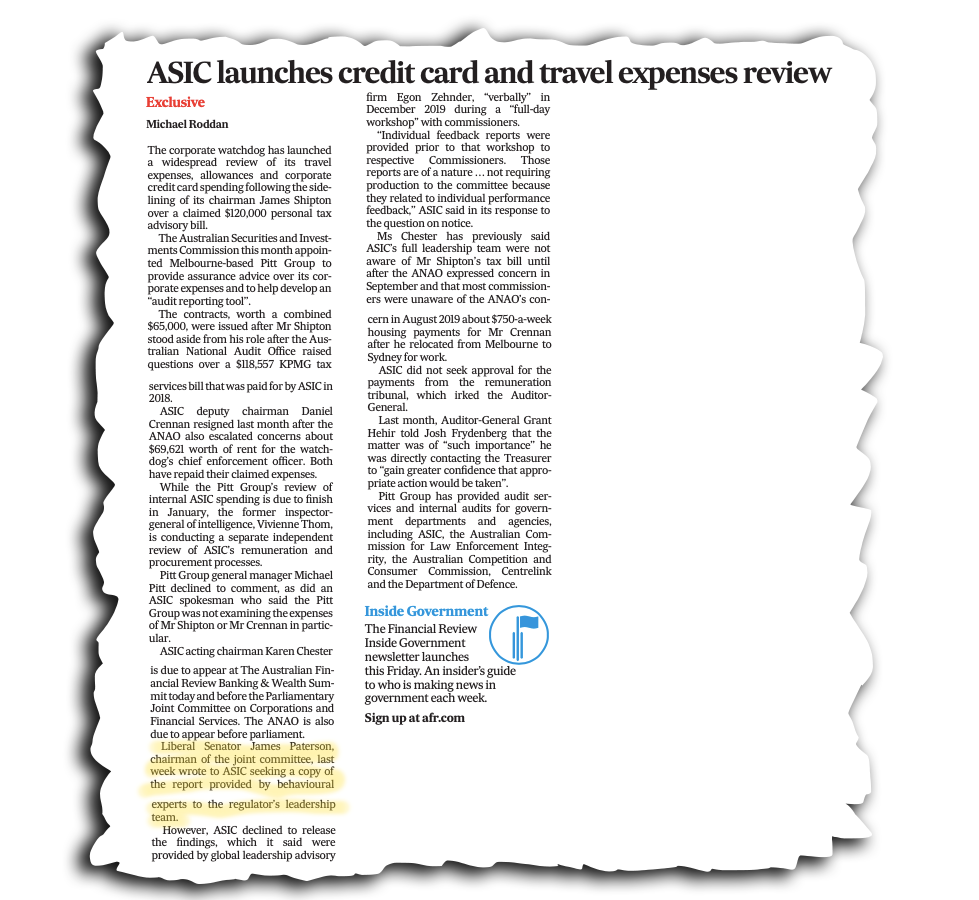 ASIC launches credit card and travel expenses review
