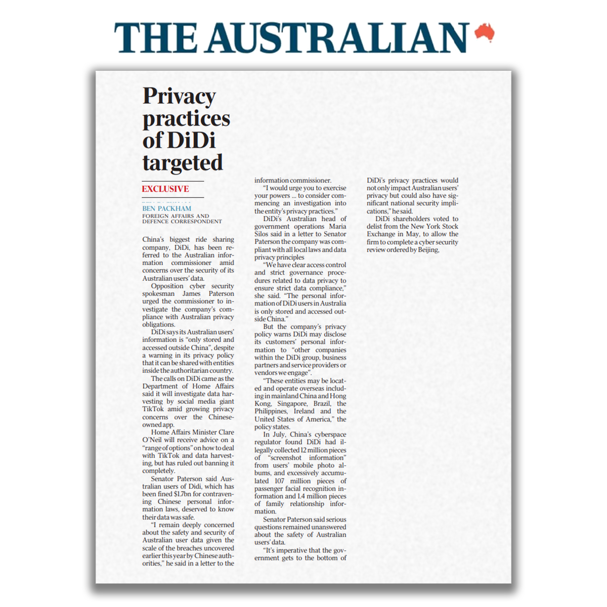 Didi privacy practices referred to Australian information commissioner