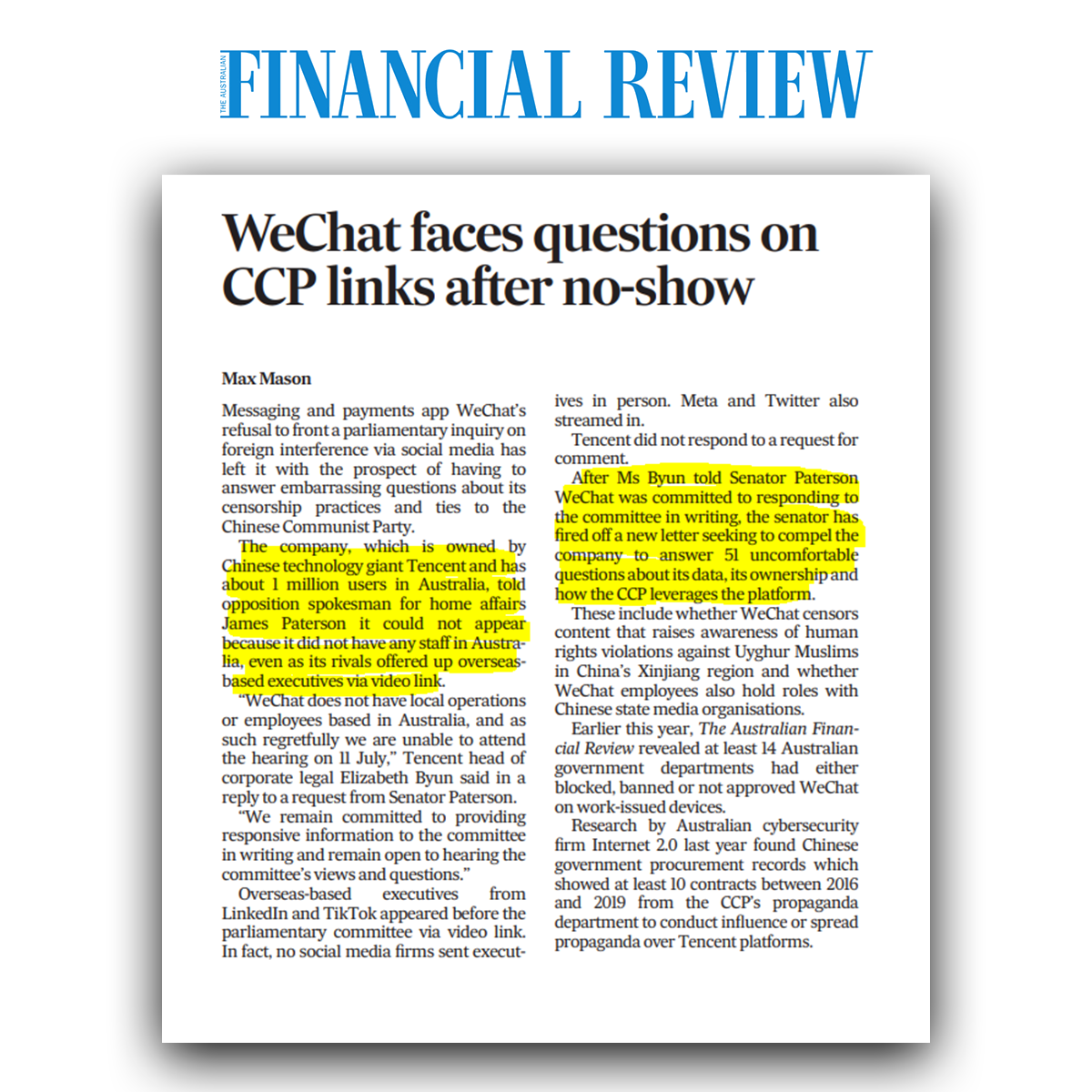 WeChat faces questions on CCP links after no-show