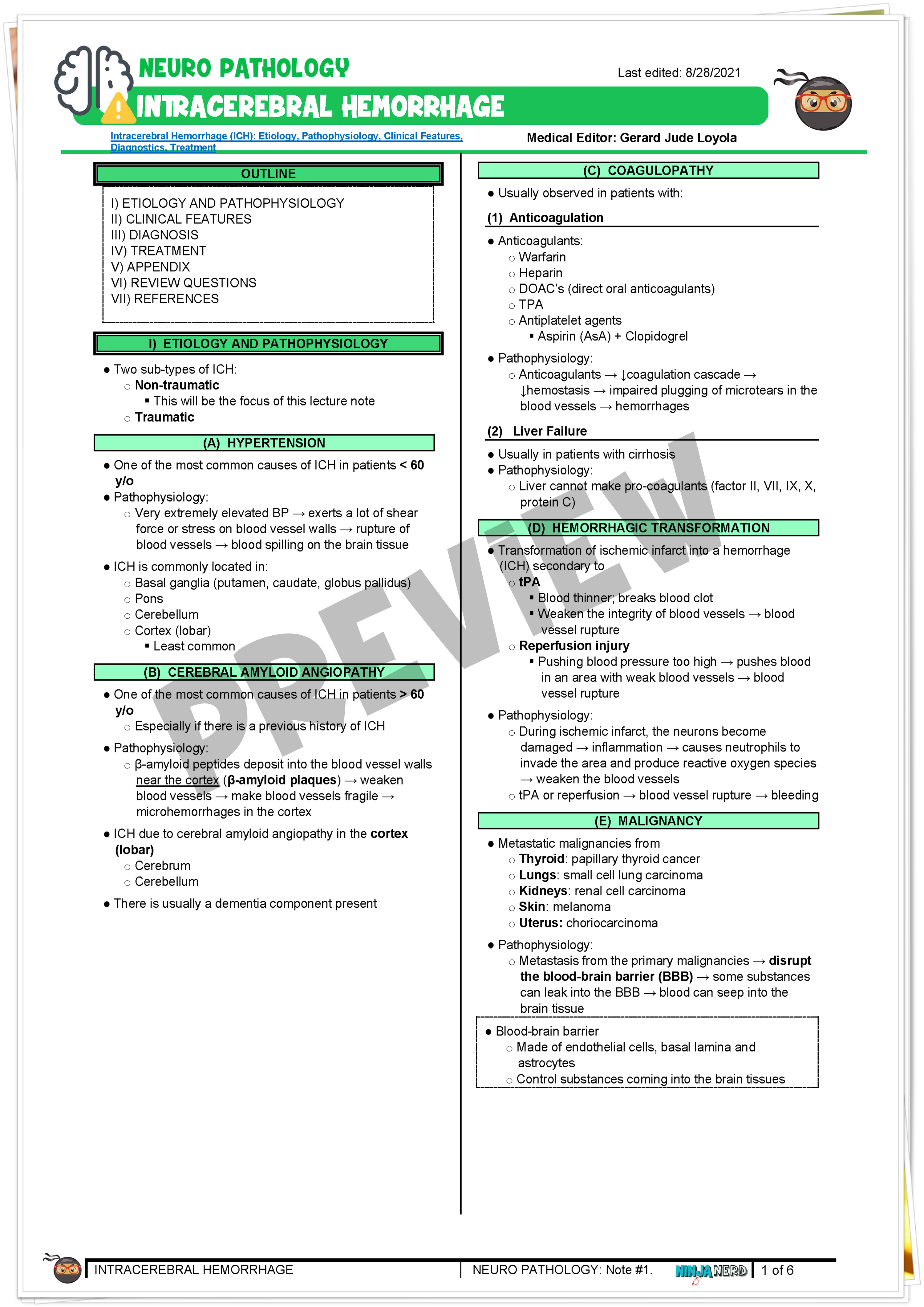 Intracerebral Hemorrhage (ICH): Etiology, Pathophysiology, Clinical ...