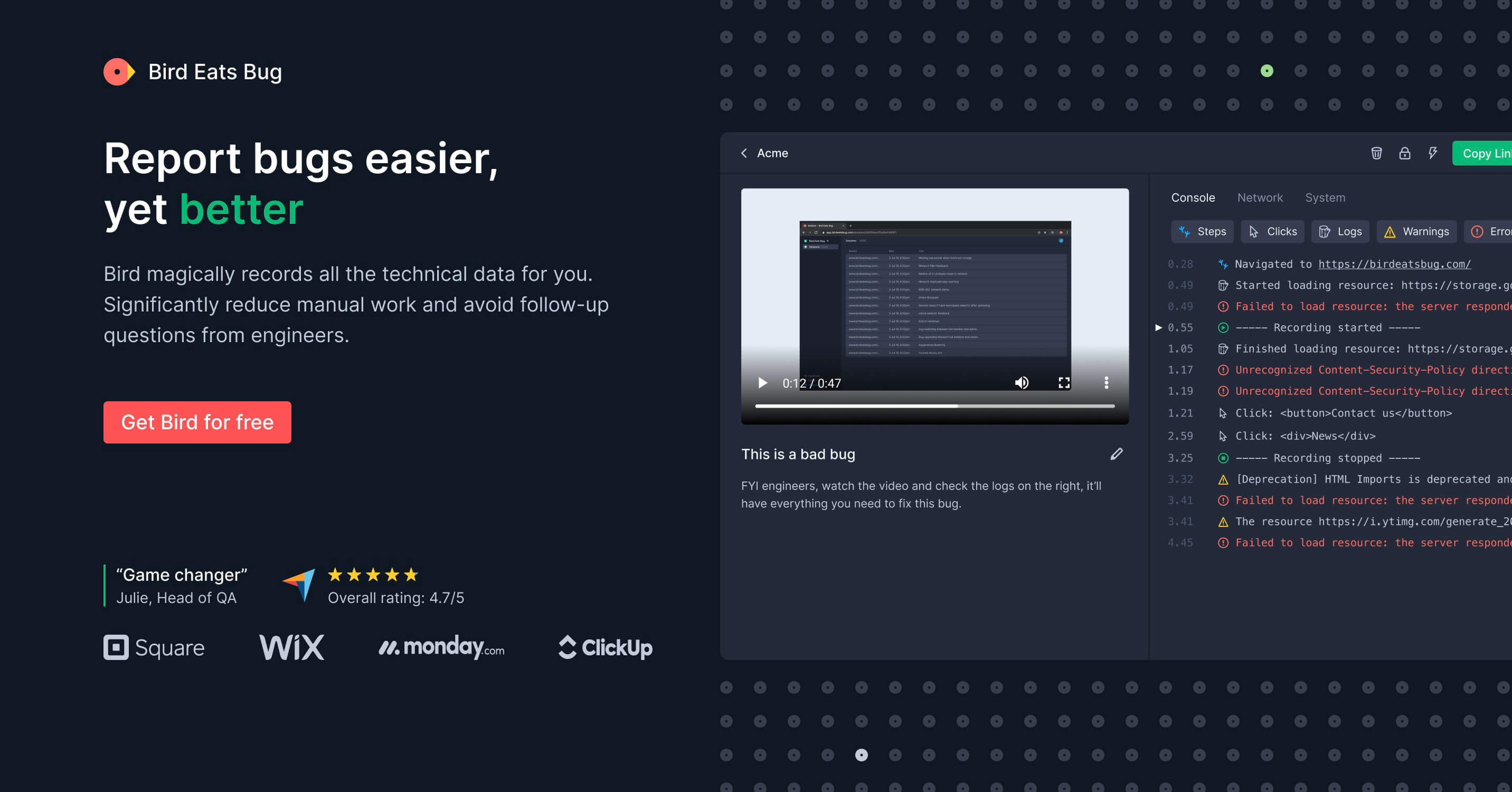 Report bugs faster and better | Bird Eats Bug