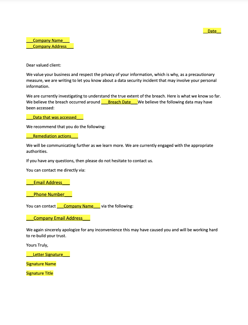 Breach Notification Letter Templates Samples