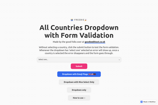 Countries Form Dropdown with Validation Webflow Cloneable | FlowRadar