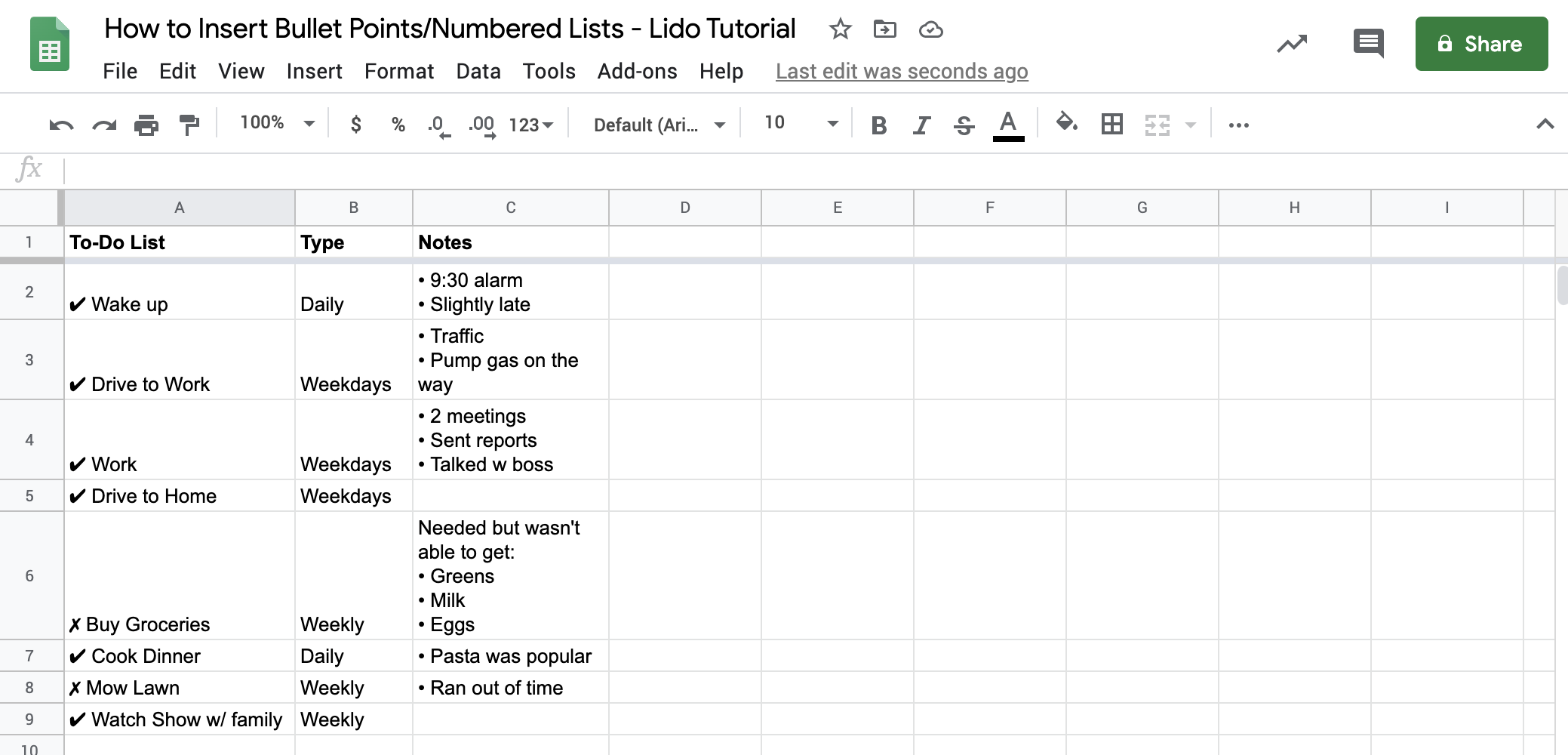 How to Insert Bulleted or Numbered Lists in Google Sheets
