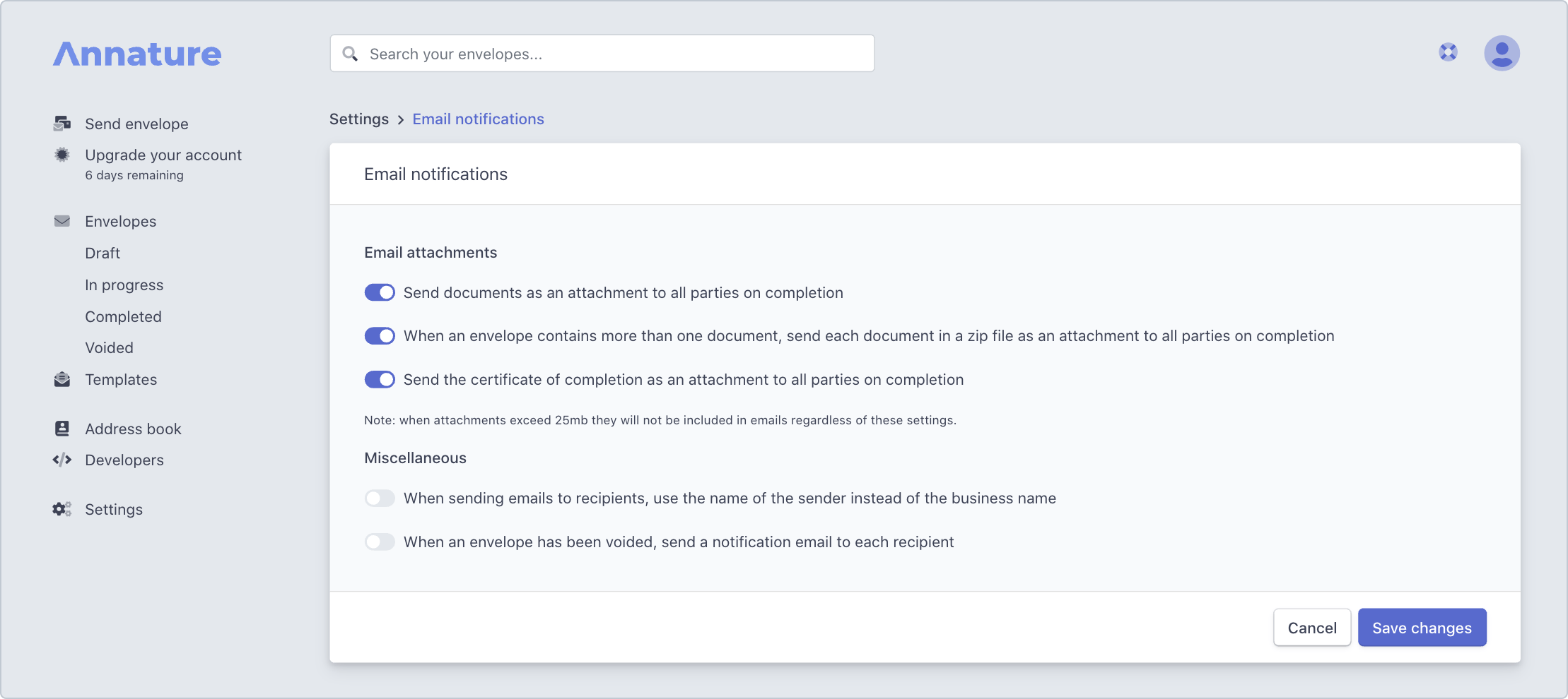 Annature: Email notifications page