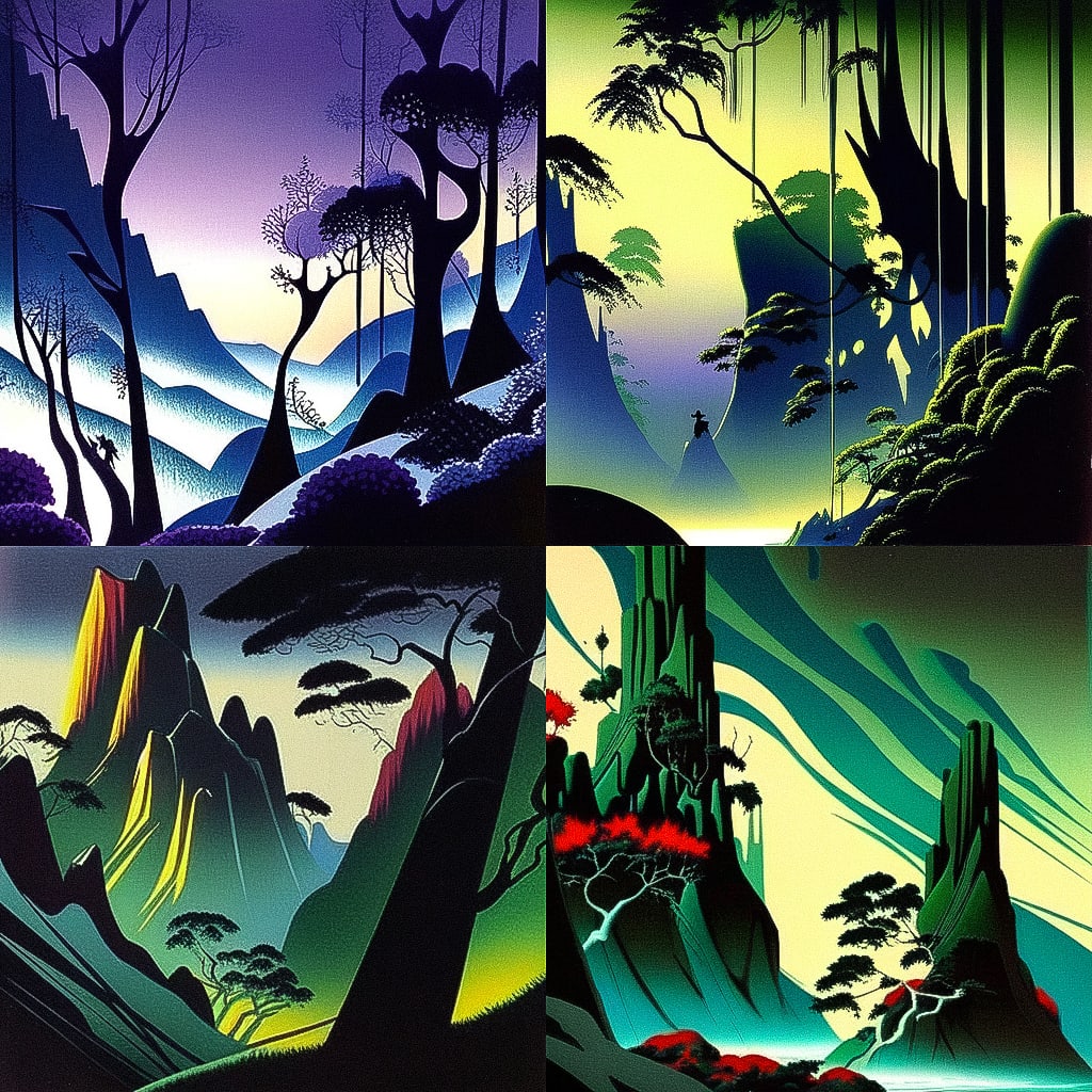 Eyvind Earle Midjourney style | Andrei Kovalev's Midlibrary 2.0
