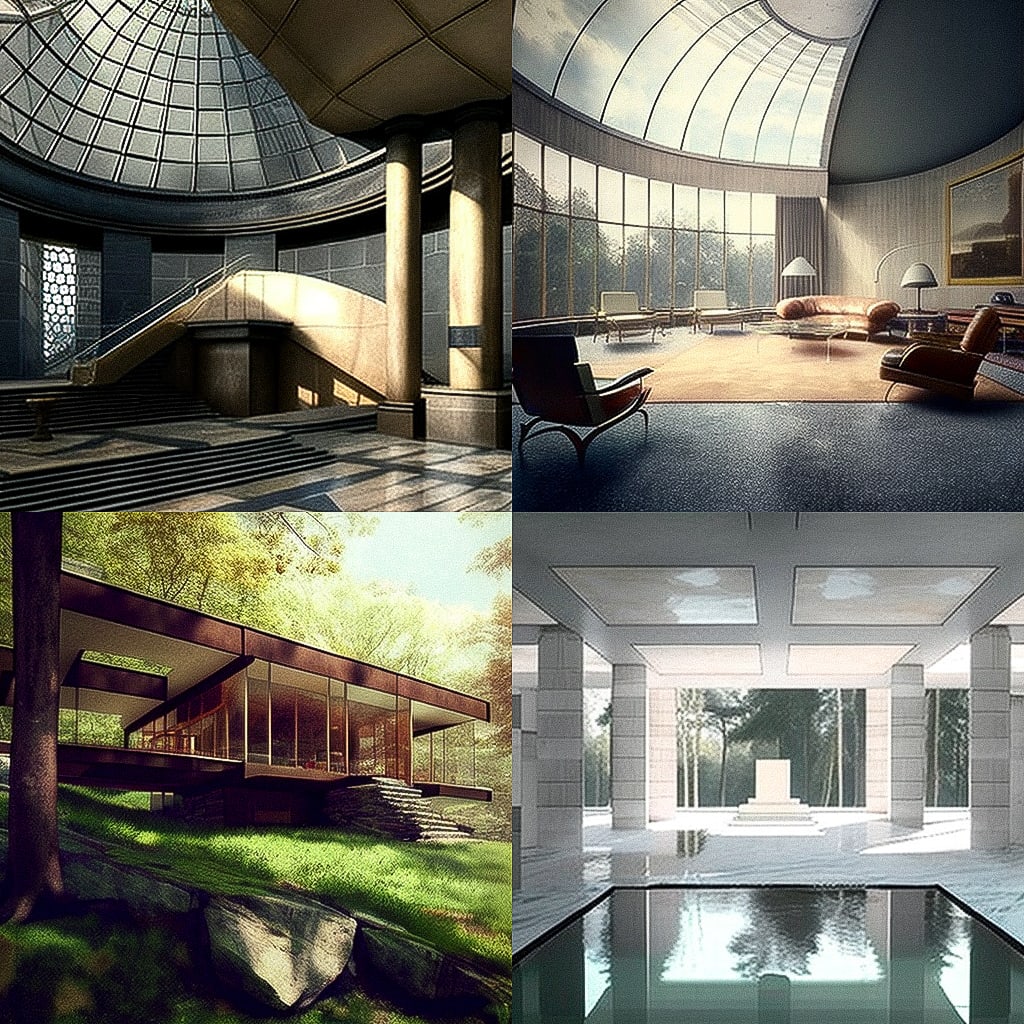 Philip Johnson Midjourney style | Andrei Kovalev's Midlibrary 2.0