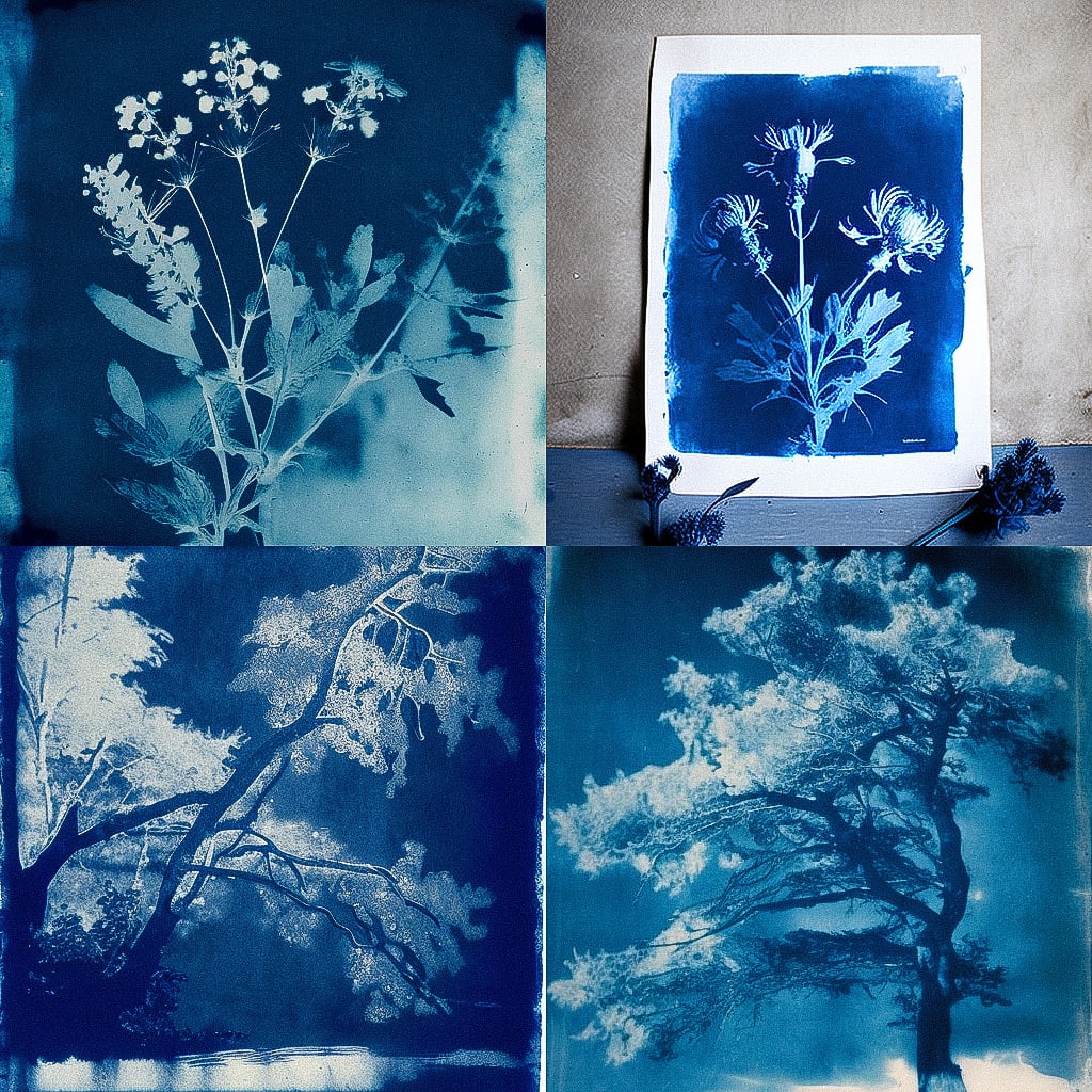 Cyanotype print Midjourney style | Andrei Kovalev's Midlibrary 2.0