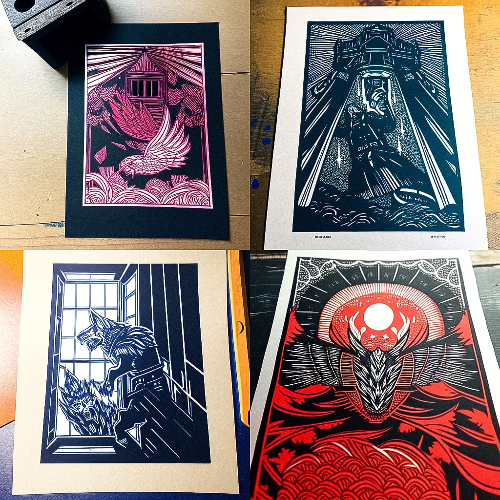 Linocut print Midjourney style | Andrei Kovalev's Midlibrary 2.0