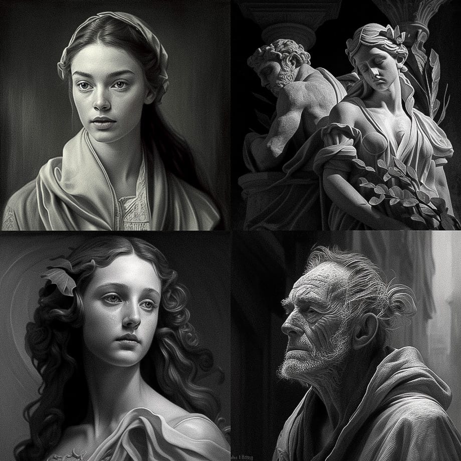 Grisaille Midjourney style | Andrei Kovalev's Midlibrary 2.0