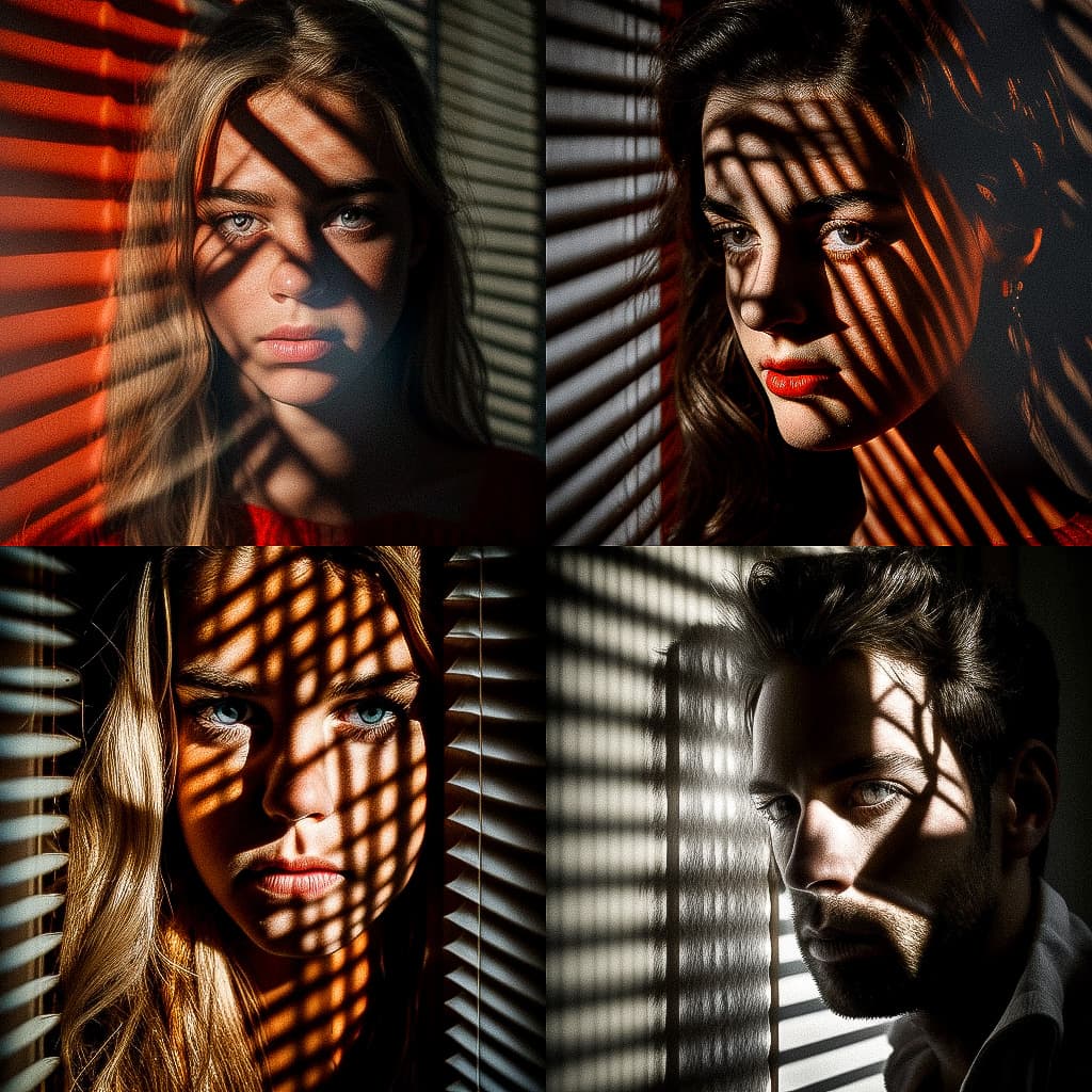 Portrait shot with light and shadow from window blinds Midjourney style ...