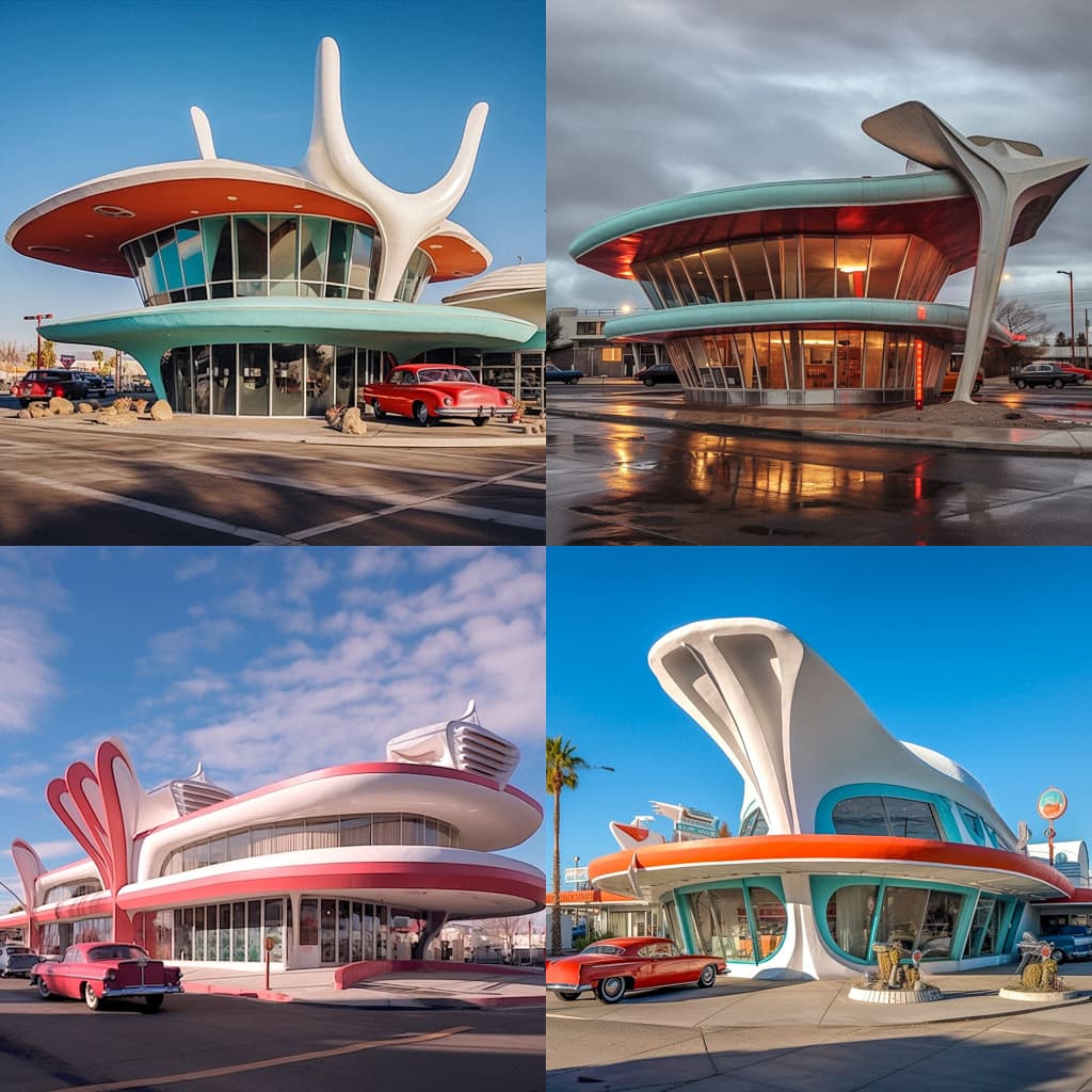 Googie architecture Midjourney style | Andrei Kovalev's Midlibrary 2.0