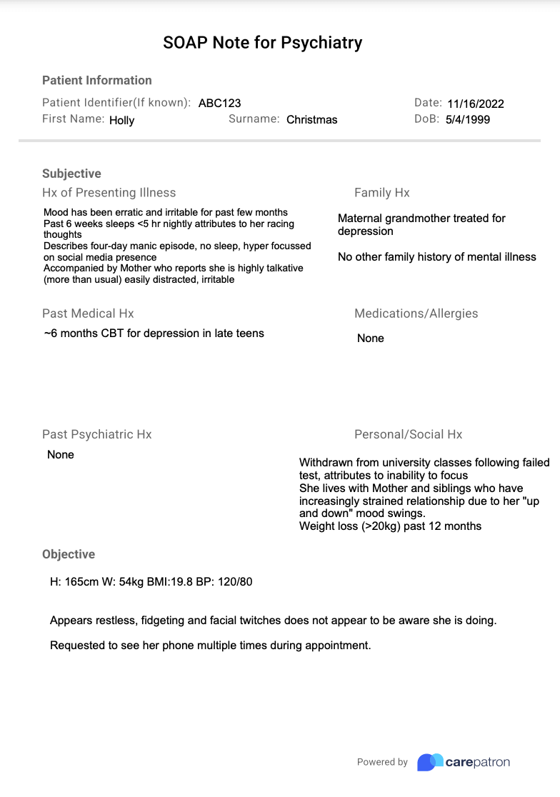 Sample Psychiatric Soap Note