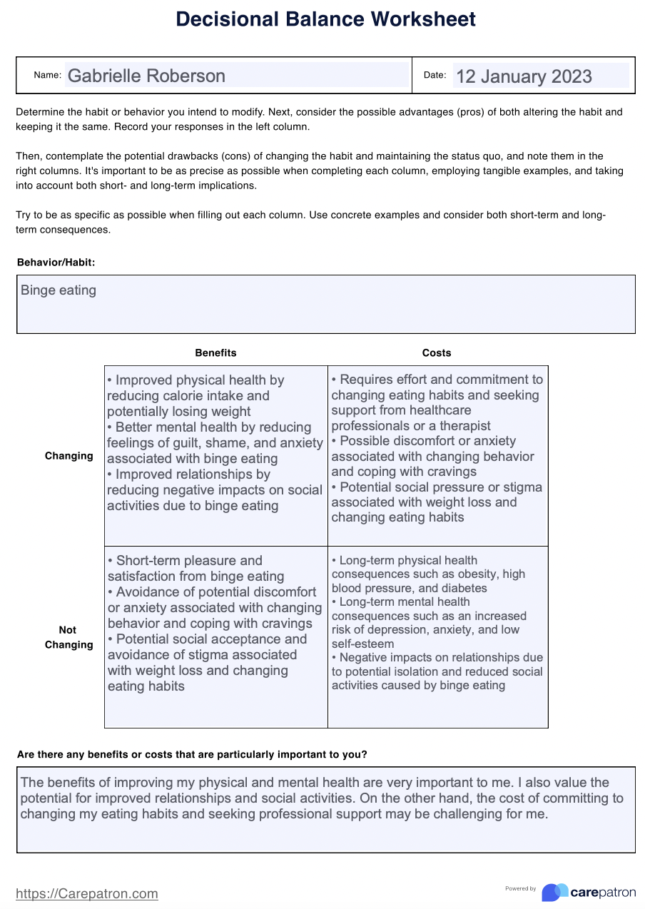 Decisional Balance Worksheet & Example | Free PDF Download