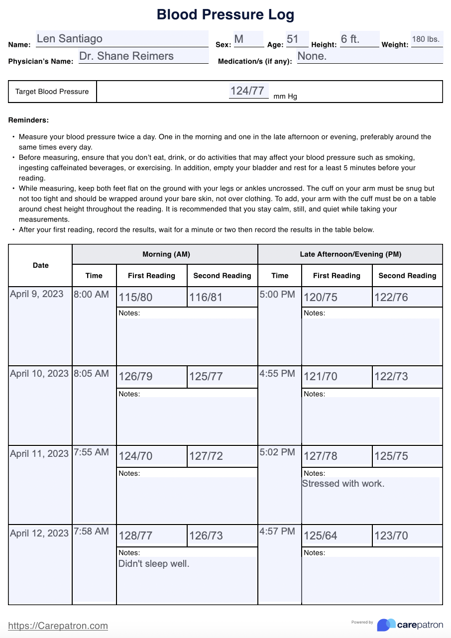Blank Blood Pressure Log